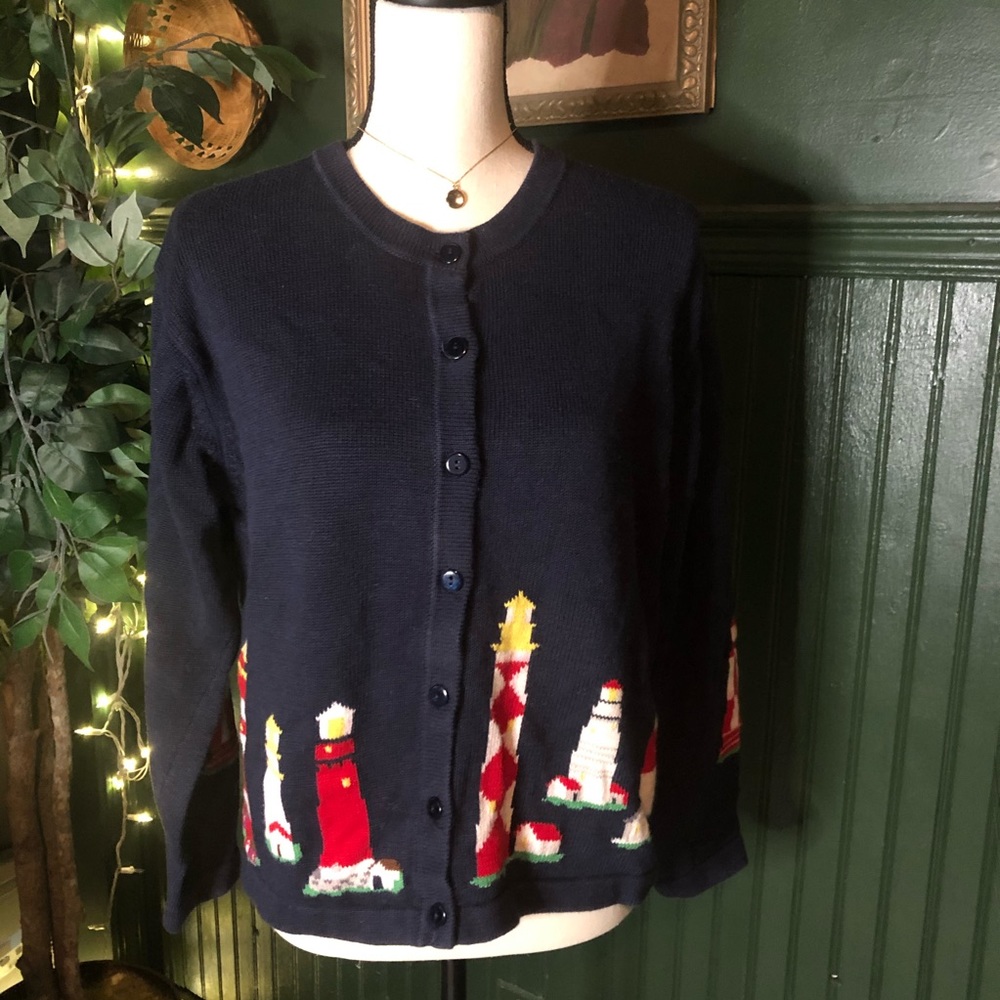 Terazzo Vintage Navy Knit Button Lighthouse Cardigan - Gem